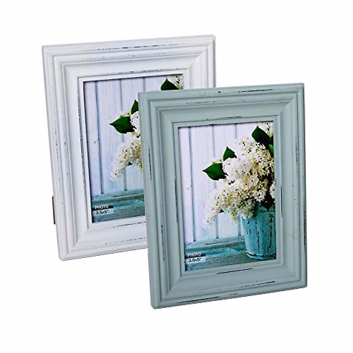 Buecasa Rustic 3.5x5 Inches Wooden Picture Frame Pack of 2 Vintage Cyan and White in Gift Box - Distressed Wood High Definition Glass Photo Frame Outside 6.1x7.7 Inches - 2 Way Display Tabletop or Wall Mount