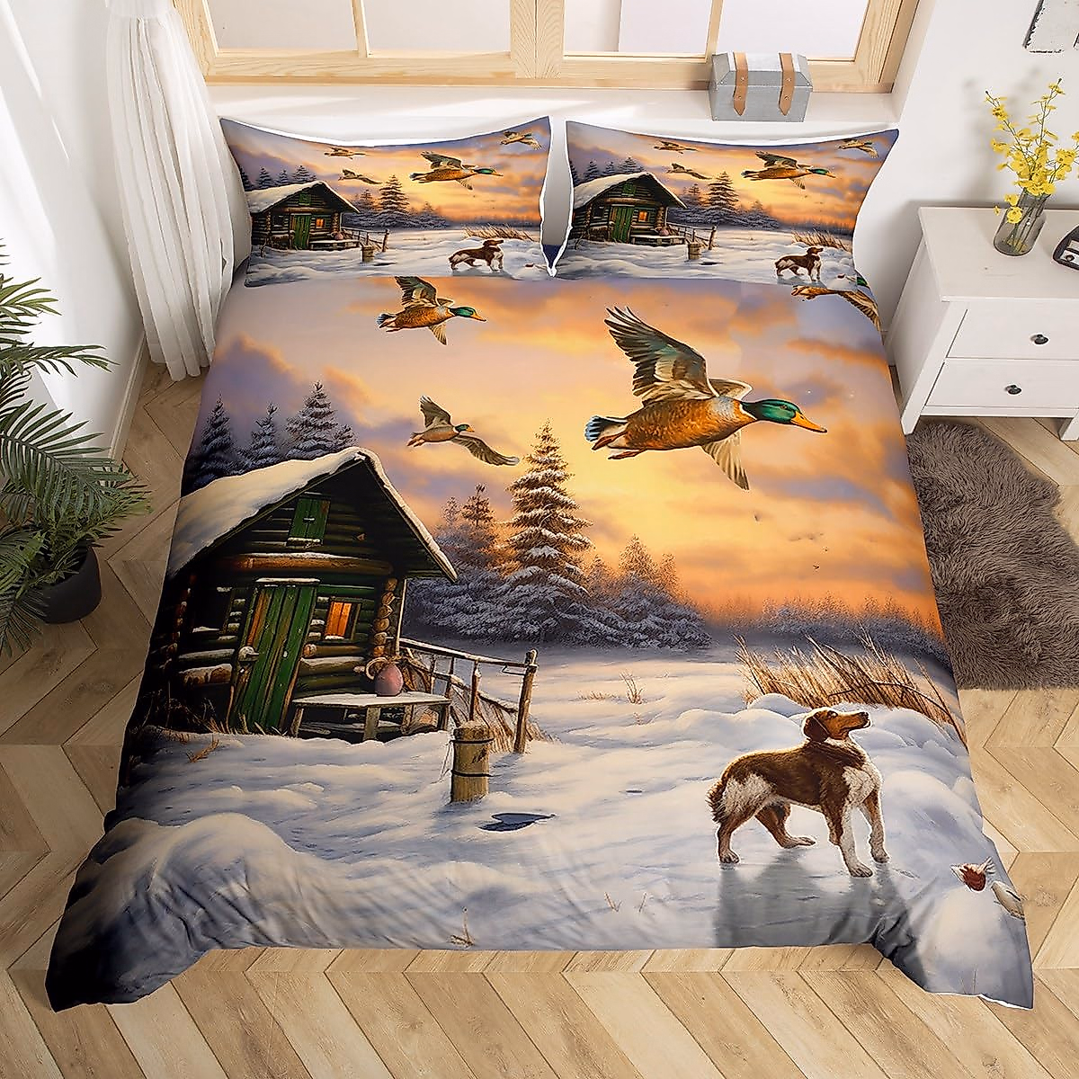 Feelyou Duck Hunting Duvet Cover Dog Hunter Bedding Set for Kids Boys Girls Flying Duck Comforter Cover Wildlife Bedspread Cover 1 Duvet Cover with 2 Pillowcases Full Size (No Comforter)