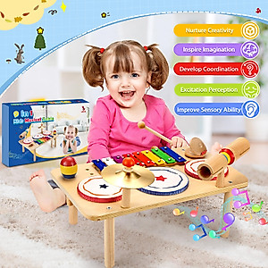 Kids Drum Set, Baby Musical Instruments Toys for Toddlers, 9 in 1 Wooden Xylophone Toddler Drum Set Percussion Instruments Musical Toys Birthday Gifts for Children Boys and Girls