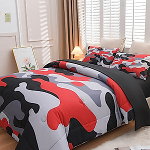 Meeting Story Camouflage Bedding Set, Colorful Pattern Style Comforter Set, 5 PCS One Comforter Two Pillowcases Two Sheets in One Bag, All Season Bedspread for Teens Adults (Red-Black, Full 5Pcs)