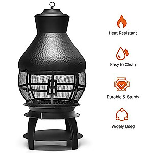 Giantex Wood Burning Chiminea, Heavy Duty Fireplace Chimenea Wooden Fire Pit with 2-Piece Log Grate, Premium Rain Cap & Fire Poker, 360°Fire Retardant Mesh Cover, Ideal for Garden, Patio, Backyard