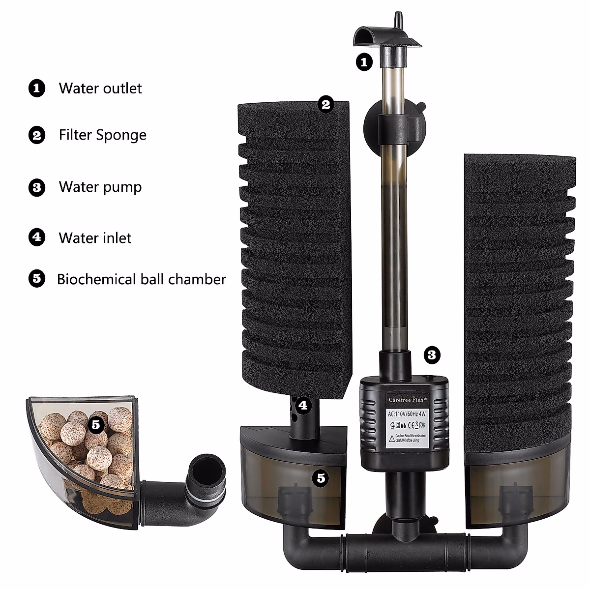 Carefree Fish Aquarium Filter with Water Pump 4 Sponges and 1 Bag of Filtered Ceramic Balls Fish Tank Quiet Filter for Salt Water and Fresh Water