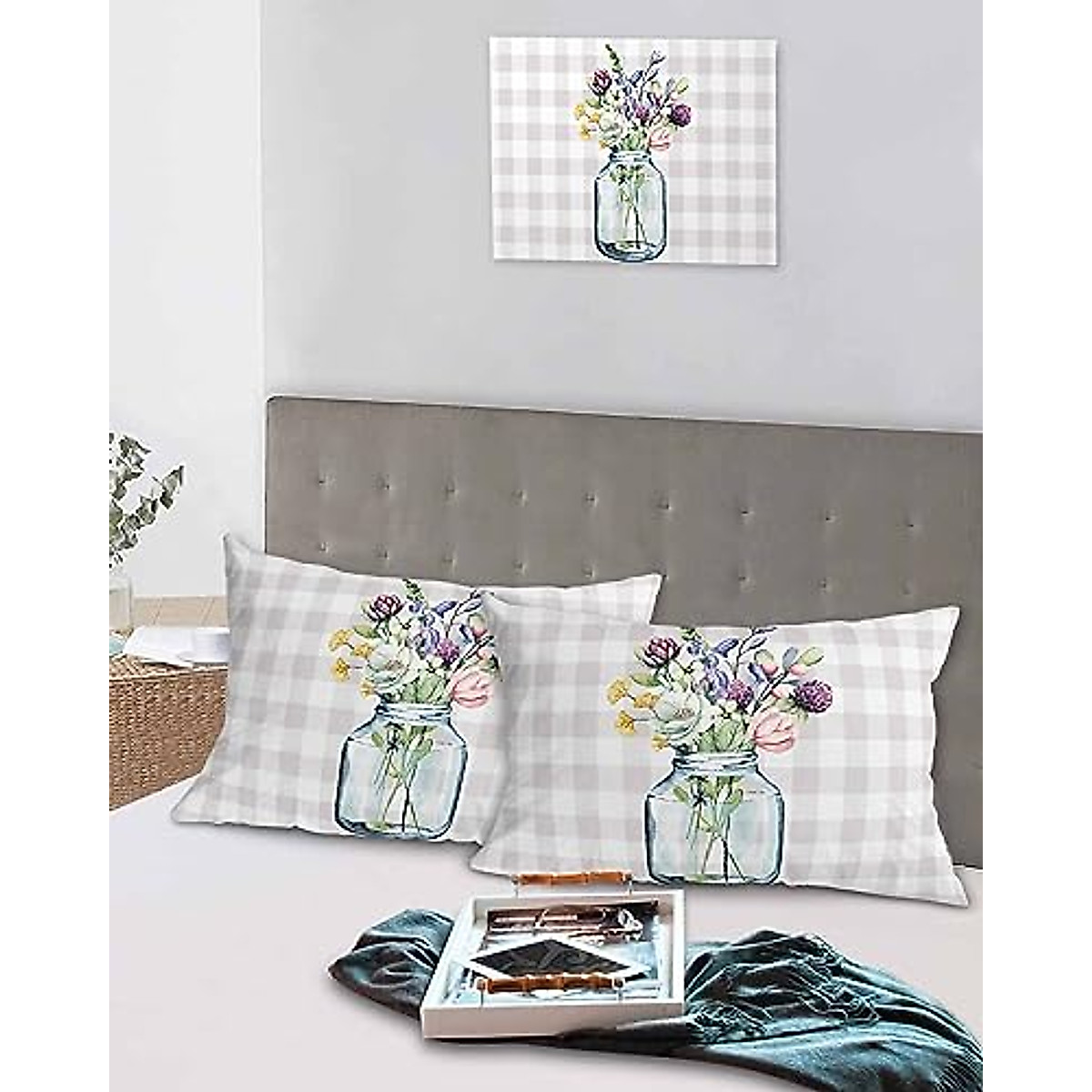 Edwiinsa Spring Floral Pillow Covers King Standard Set of 2 20x36 Bed Pillow, Summer Colorful Flower Beige Plaid Plush Soft Comfort for Hair/Skin Cooling Pillowcases with Envelop Closure