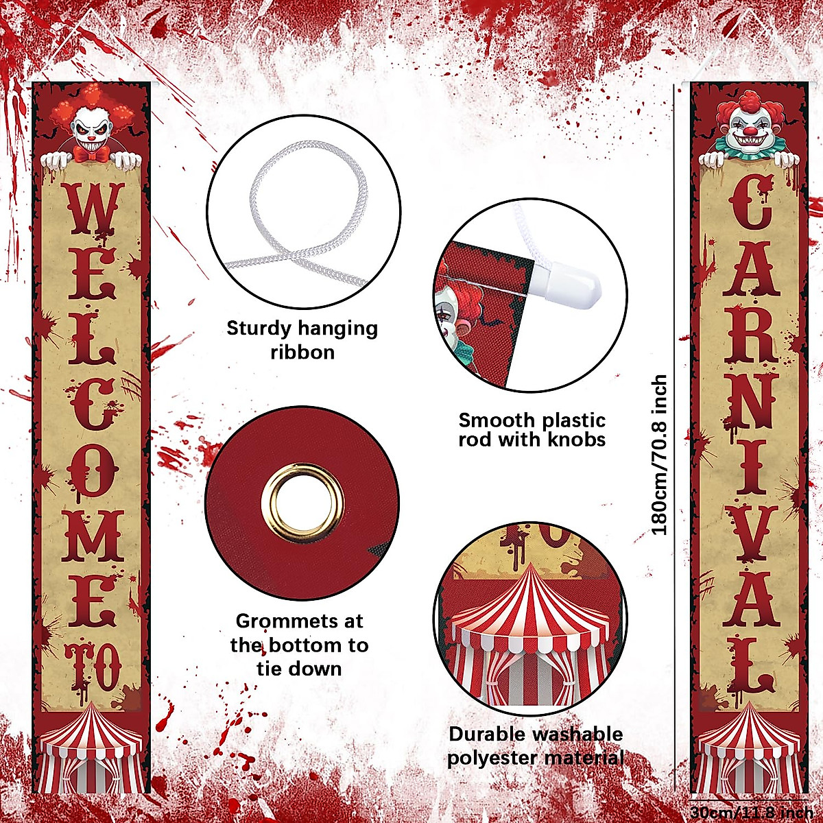 Halloween Decoration Evil Circus Clown Carnival Porch Banner,WELLCOME TO CARNIVALC Clown Sign Hangging Bloody Splatter Carnival Decor Triangle Bunting Flag for Halloween Decoration Carnival Birthday