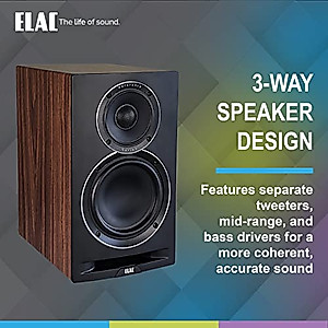 ELAC Uni-Fi Reference 3-Way 6-1/2" Bookshelf Speakers, Pair of Bookshelf Speakers System for Home Entertainment, Black Baffle with Walnut Sides