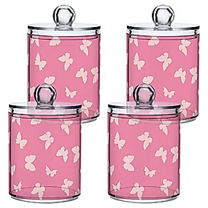 Fustylead 4 Pack Pink Butterfly Qtip Holder Dispensers, Plastic Apothecary Jar Bathroom Accessories Set for Cotton Ball, Swab, Round Pads, Floss