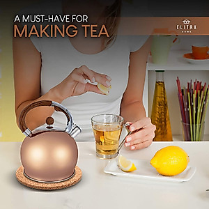 ELITRA HOME Stove Top Whistling Fancy Tea Kettle Stainless Steel Tea Pot with Ergonomic Handle 2.7 Quart / 2.6 Liter (ROSE GOLD)