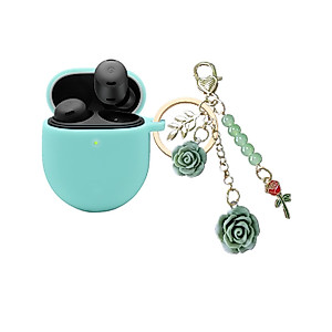 for Google Pixel Buds Pro Case Cover with Keychain,Cute Silicone for Pixel Buds Pro Charging Case Protective Cover with Flowers Carabiner Key Chains for Google Buds pro case for Women Girls (Green)