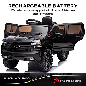 Bopilon 12V Electric Car for Kids,Licensed Chevy Silverado Truck Kids Ride On Car with Remote Control Battery Powered Electric Vehicle Toy Car, 4-Wheeler Suspension, Music& Lights, 3 Speeds(Black)