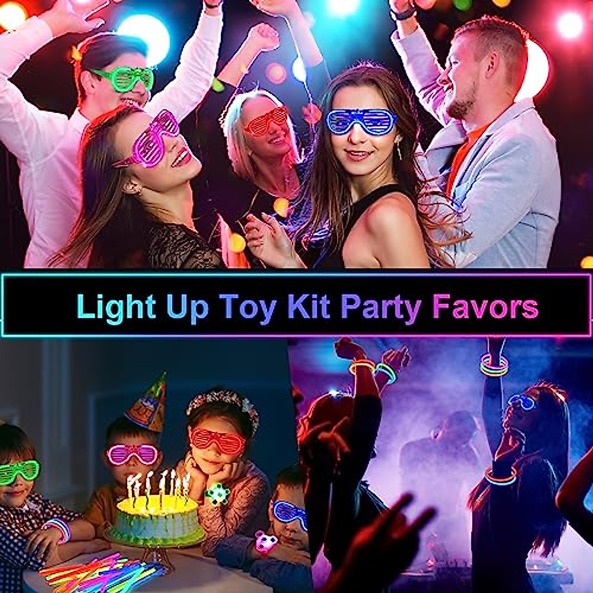 SHQDD140PCS Led Light Up Toys Party Supplies, 20 Flashing Glasses, 20 LED Fidget Spinner Bracelets, 100 Glow Sticks In Dark Party Supplies for Kids Adult, Light Up Party Favors for Birthday Cosplay
