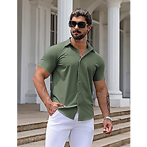 URRU Men's Muscle Dress Shirts Slim Fit Stretch Short Sleeve Casual Button Down Shirts for Men Army Green M