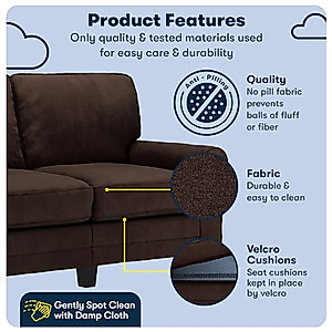 Serta Copenhagen Rolled Arm Sofa, Easy Care Polyester, Soft Pillow Back, Pocket Coil Seat Cushions, Removable Covers, Couch for Small Spaces, Living Rooms or Bedrooms, 61" Loveseat, Brown