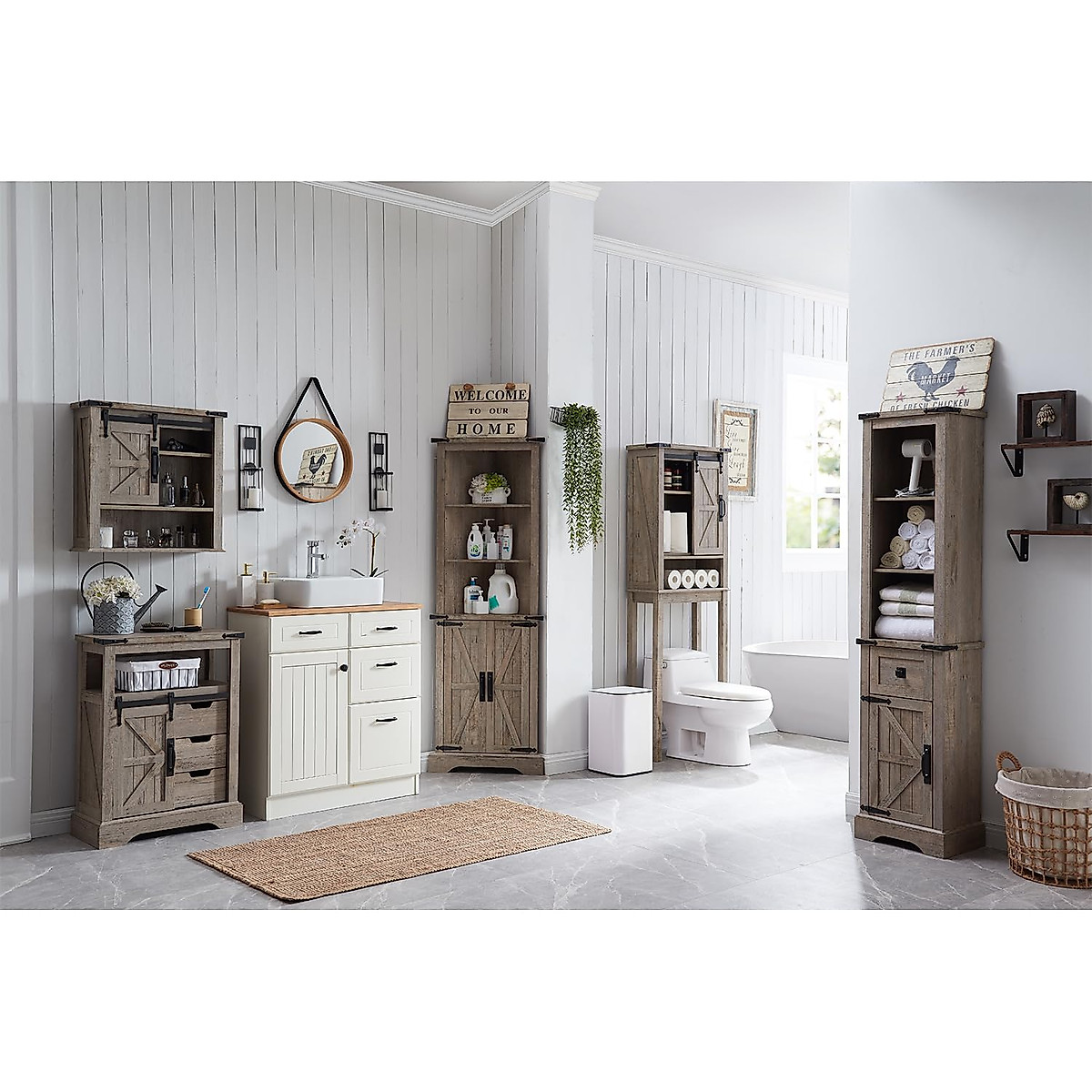 OKD Bathroom Storage Cabinet, Farmhouse Storage Cabinet with Adjustable Shelves & Storage Drawer, Tall Linen Tower for Bathroom, Living Room, Light Rustic Oak