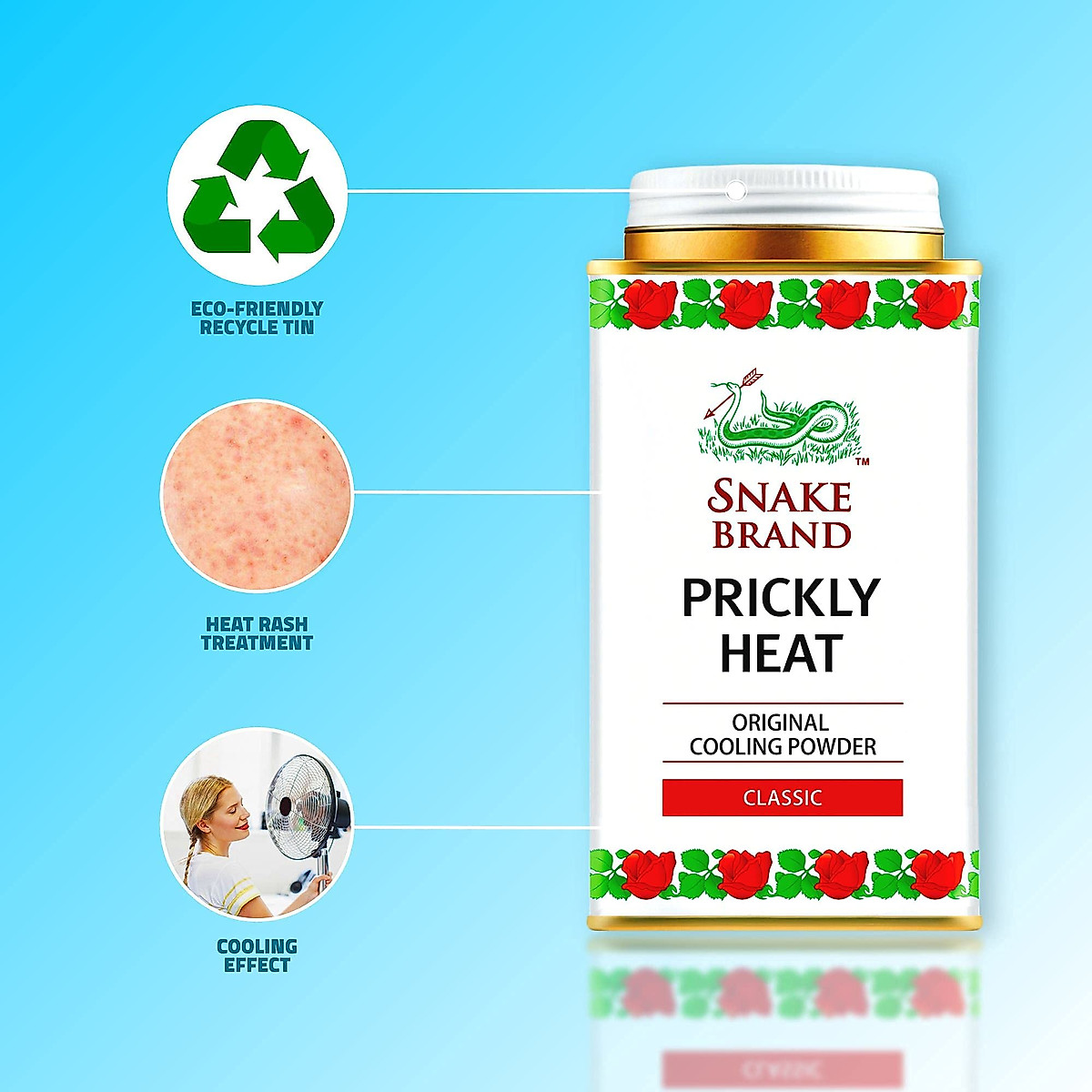 Snake Brand Prickly Heat Cooling Powder for Everyday Use - Anti-Chafing, Heat Rash Relief, Absorbs Sweat, Classic Original Scent (4.9 Oz / 140g)