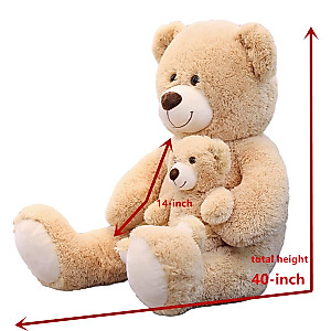 uHousDeco 2 in 1 Mommy and Baby Teddy Bear Stuffed Animals, Cute Soft Plush Toy for Girl Children Girlfriend Valentine's Day, 40-inches, Light Brown