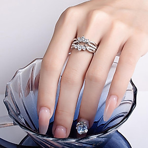 CannyCat Vine Moissanite Ring Enhancers 2 pieces Wrap Guard for Moissanite Engagement Anniversary Ring Platinum-Plated Silver Curved Eternity Wedding Bands for Women Stacking Rings (7.5)