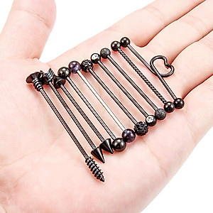 Dyknasz Industrial Bar 14G 10PCS Surgical Steel Industrial Barbell Earrings for Women Men Cartilage Helix Piercing Body Jewelry 1 1/2 Inch Clear CZ Spike Screw Heart Braided Arrow Black