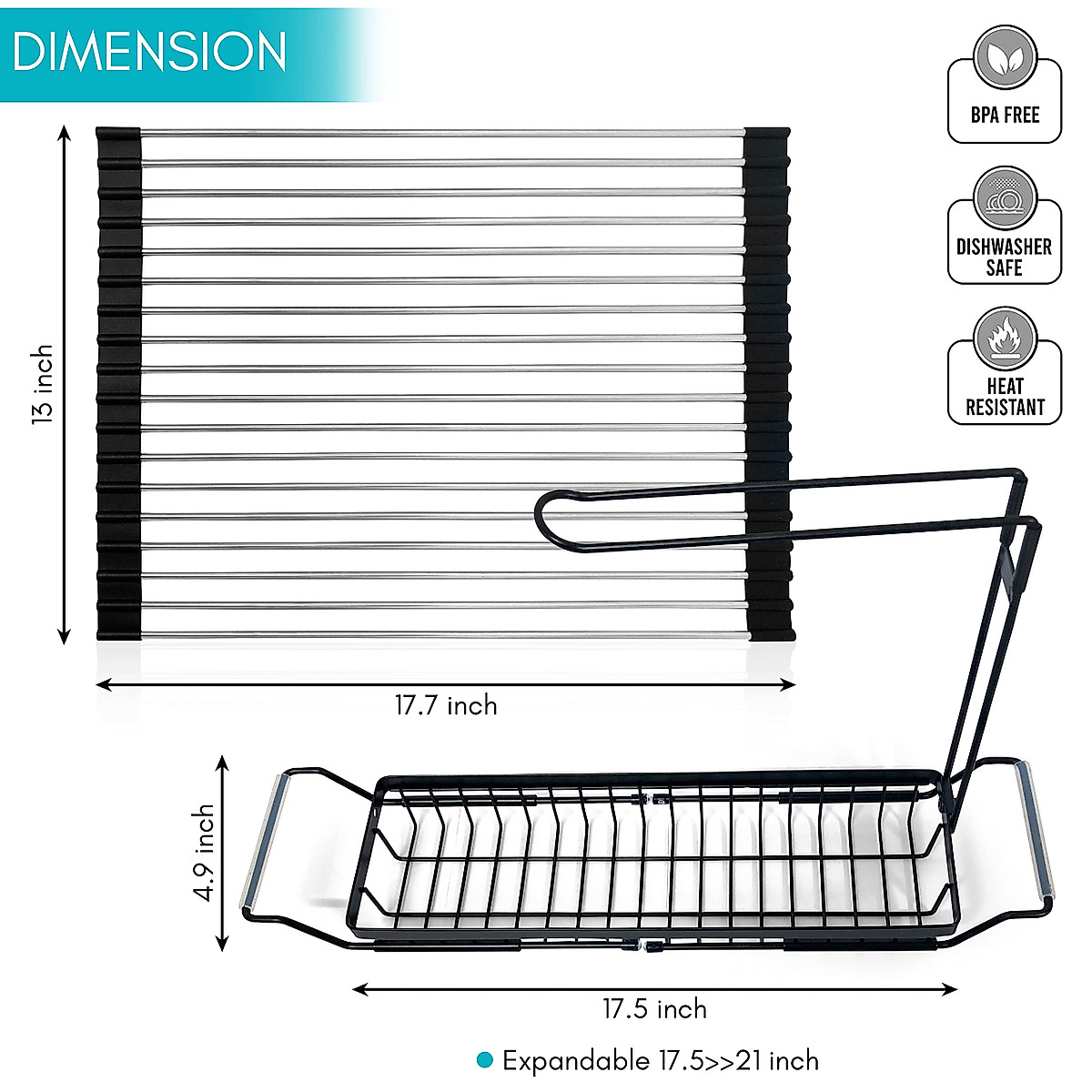 MK3 roll up Dish Drying Rack for Kitchen Counter , with Sponge Holder for Kitchen Sink Caddy Organizer Telescopic Storage Black