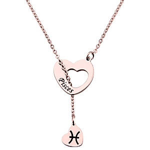 ENSIANTH Rose Gold Zodiac Signs Heart Necklace Stainless Steel Lariat Y Necklace Best Birthday Gift (Pisces)