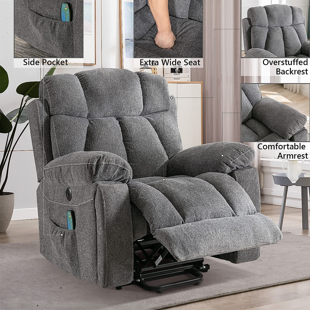 CANMOV Large Power Lift Recliner Chairs with Massage and Heat for Elderly Big People, Heavy Duty Motion Reclining Mechanism-Anti Skid Fabric Recliner Chair with 2 Concealed Cup Holders,Dark Gray