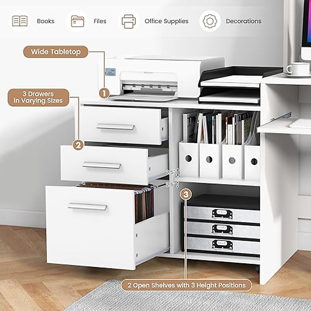 Giantex 3-Drawer File Cabinet for Office - Home Mobile Lateral Filing Cabinet with Hanging Bars, Open Storage Shelves, 5 Universal Wheels, Printer Stand for Letter Size Storage Cabinet (White)