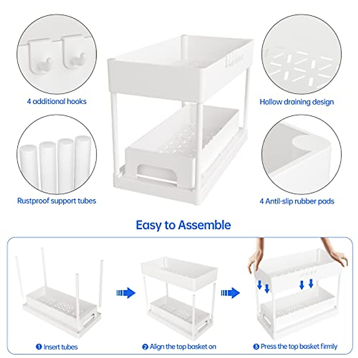 Teliaskin Under Sink Organizers and Storage,2 Tier Under Bathroom Storage Rack with 4 Hooks,Multi-Purpose Storage Shelf for Bathroom Kitchen(White)