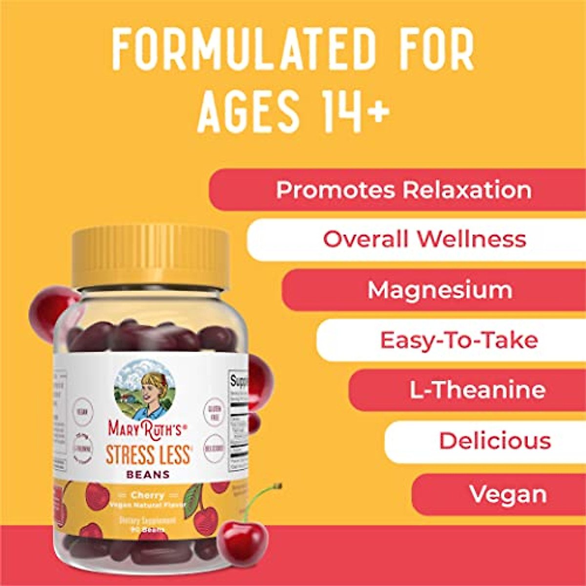 MaryRuth's Stress Relief Vita-Beans for Adults | Made with Magnesium Citrate & L-Theanine | Natural Calm, Relaxation, Stress and Mood Support Supplement for ages 14+ | Vegan | Non-GMO | 60 Count