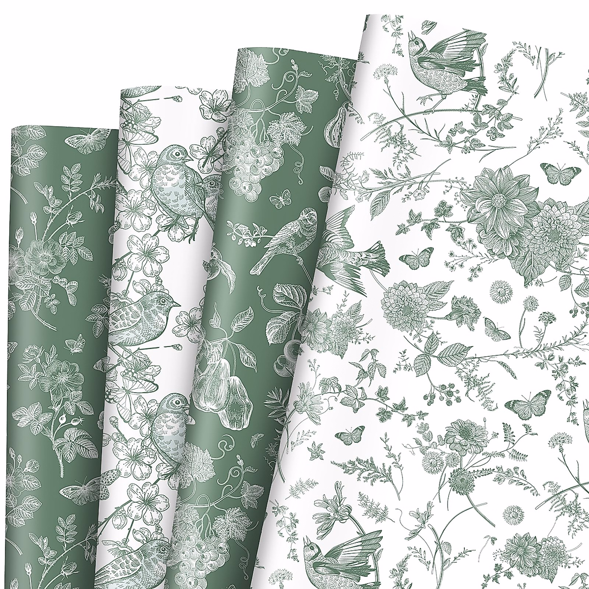 JarThenaAMCS 8 Sheet Sage Green Floral Wrapping Paper -Not Roll- Flower Birds Butterfly Gift Wrap Paper White Green Folded Flat Art Paper for Birthday Wedding DIY Crafts, 19.7 x 27.6 Inch