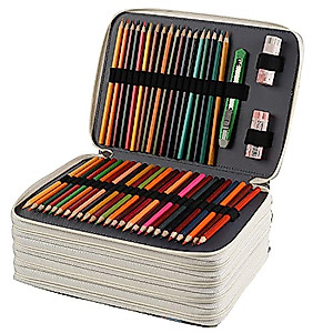 Shulaner 250 Slots Colored Pencil Case with Zipper Closure Large Capacity Retro Style Element Pattern Pencils Bag Waterproof 840D PVC Fabric Pen Organizer Storage Holder for Artist