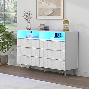 Loomie 6 Drawers Double Dresser with Power Outlet & LED Light,White Long Dresser Chests of Drawers with Storage Cubby,Wood Wide TV Dresser Stand for up to 55" for Bedroom,Hallway,Entryway