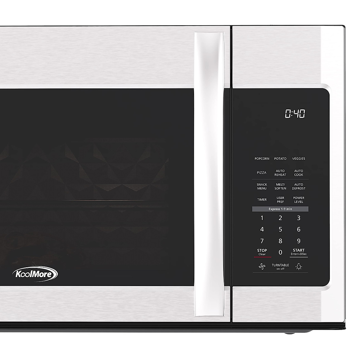 KoolMore KM-MOT-2SS Range Microwave Oven Lamp and 300CFM Recirculation Vent Hood, Auto Cook Menus, Reheat Function, 11 Power Levels, Timer, and Weight Defrost, 30 in/1.9 Cu. Ft, Silver