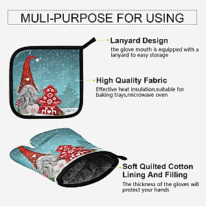 Merry Christmas Tomte Winter Snowflake Pattern Oven Mitts and Pot Holders Set, Heat Resistant Non-Slip Gloves Hot Pads Insulated for BBQ, Grill, Baking, Cooking, Oven, Microwave, Kitchen Gift
