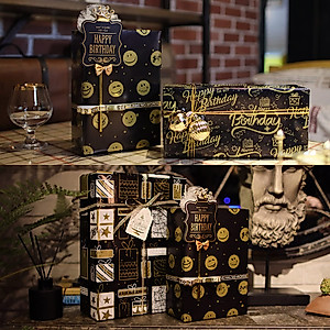 Larcenciel Birthday Wrapping Paper, Gift Wrapping Paper set, Black Gold Design w/Jute Twine and Gift tag, Gift Wraps for Birthday, Valentines, Christmas, Graduation, Baby Shower,4 Sheets 27.5x19.6inch