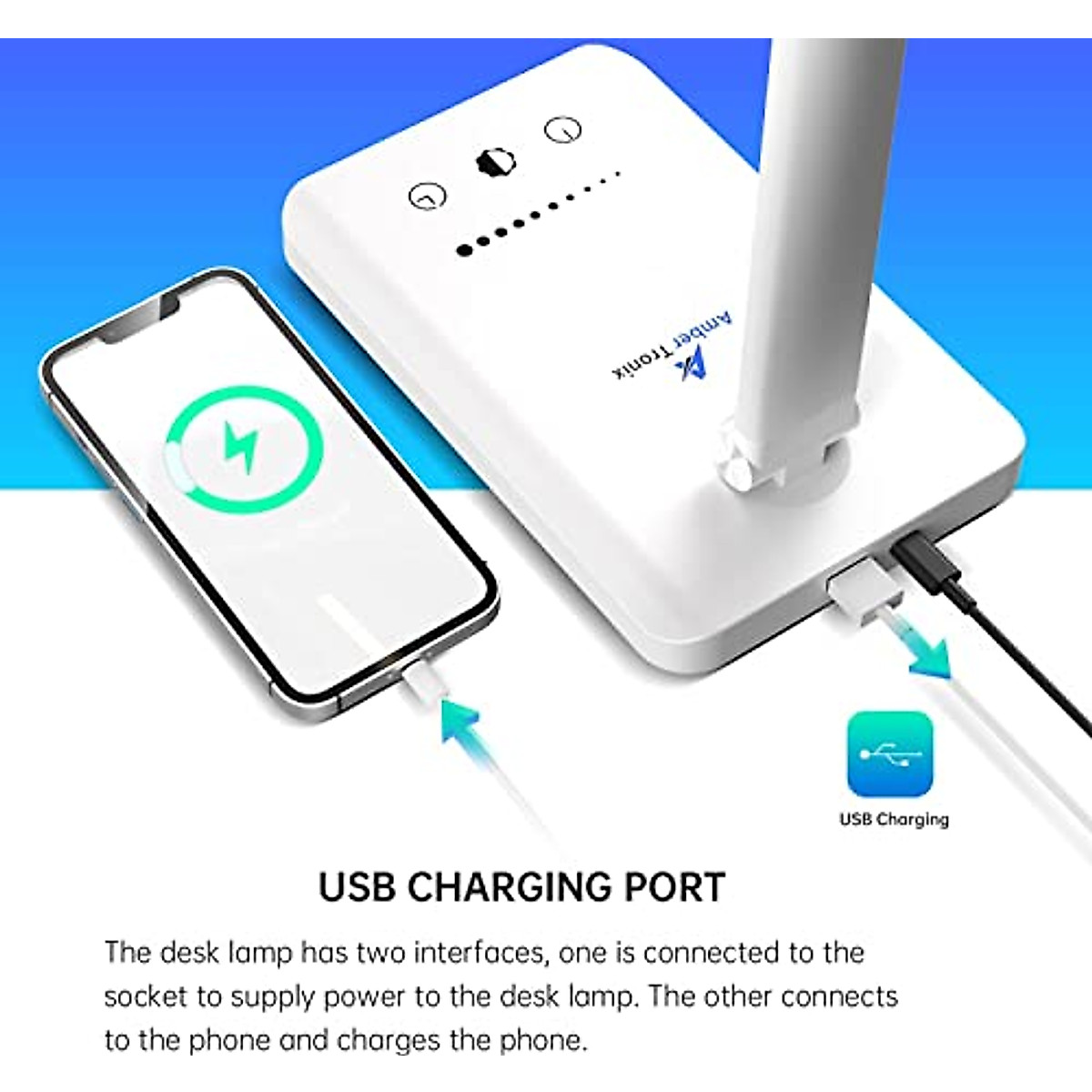 Ambertronix LED Desk Lamp with USB Charging Port, Dimmable Eye-Caring Reading Desk Light for Home, with 5 Brightness Level & 3 Lighting Modes, Touch Control, Auto Timer (White)