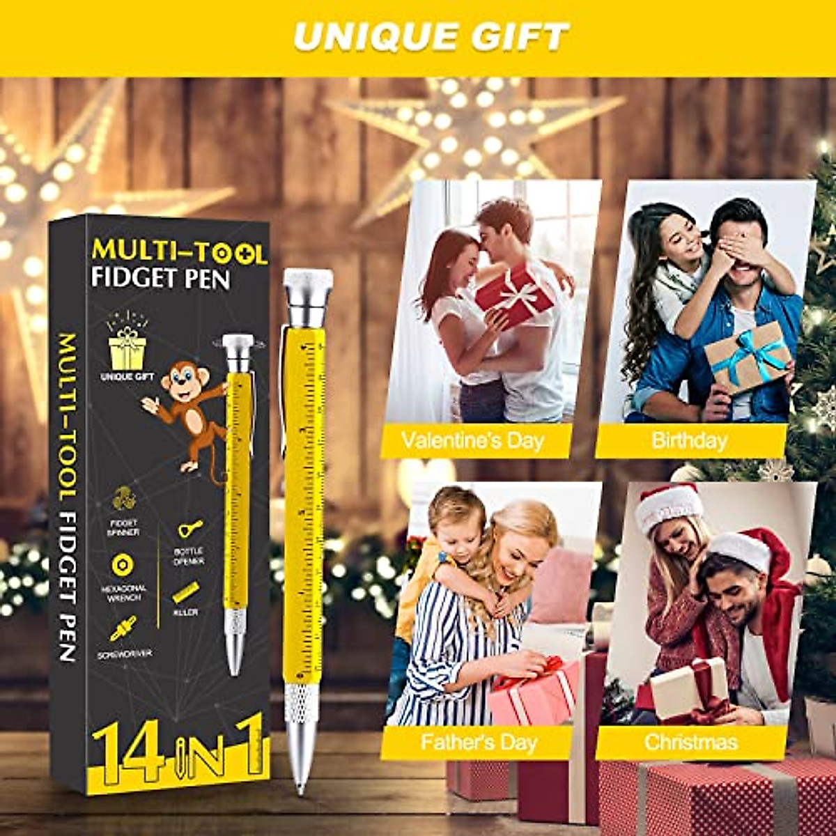 XAMAWA Multitool Fidget Pen - Gifts for Him Boyfriend Husband, Stress Relief Cool Gadgets Tools Gifts for Men Dad, Multi-tool Pen for Office Engineer Woodworkers Construction - Yellow