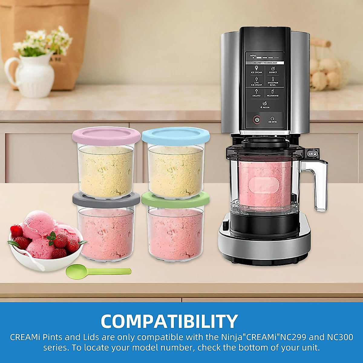 Generic Containers Replacement for Ninja Creami Pints and Lids, 4 Pack Ice Cream Containers with Colorful Lids, Compatible with NC299AMZ & NC300s Series Ice Cream Maker, BPA-Free, Dishwasher Safe