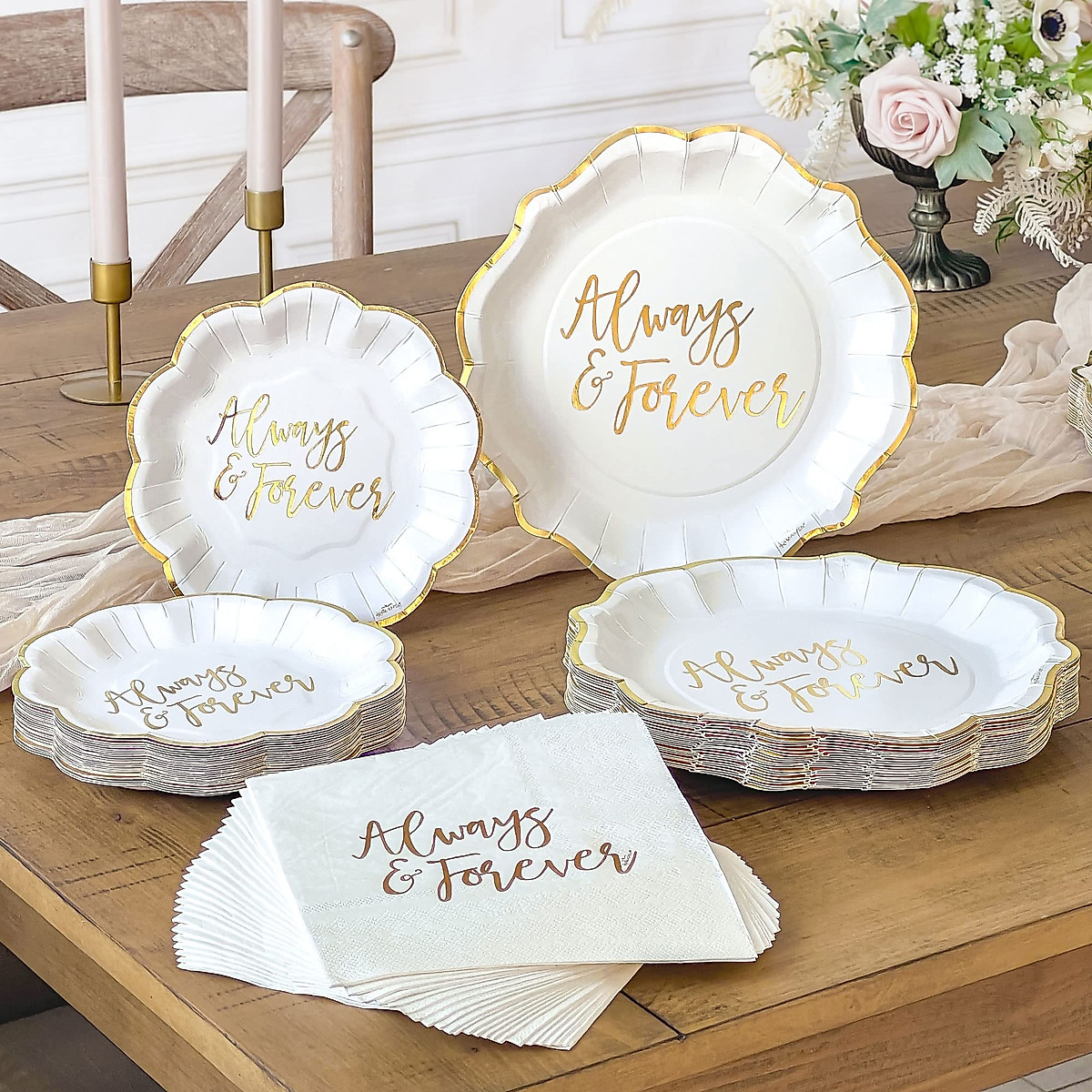 Kate Aspen Always & Forever 72 Piece Classic & Elegant Paper Party Tableware Set (24 Guests), Party Supplies, Wedding Decor for Bridal Showers, Engagements and Receptions