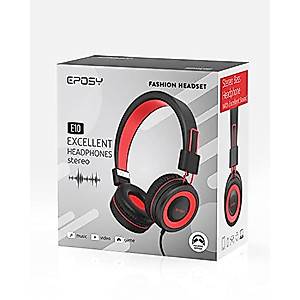 Eposy Kids Headphones, E10 Wired Headphones for Kids Foldable Stereo Bass Headphones with Adjustable Headband, Tangle-Free 3.5 mm Jack for School, On-Ear Headset for Boys Girls Cellphones(Black/Red)