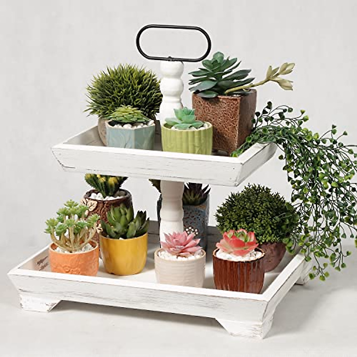 Dugunusu Farmhouse Two Tiered Tray Stand, Rectangle Rustic Wood Two Tiered Tray, Wooden Cake Stand Kitchen Tiered Tray, Decor Serving Tray for Home Farmhouse Décor (White)