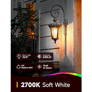 UNILAMP Dusk to Dawn Light Bulbs, Outdoor Light Bulbs, ST64 6W Equivalent 60W, 2700K Soft White, 600LM LED Outdoor Lighting, E26 Base, Photocell Sensor, Auto On/Off Bulb for Porch Patio Garage, 4 Pack