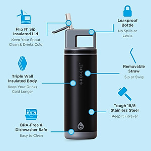 GROSCHE Alpine Flip n' Sip 20 oz Insulated Water Bottle - Stainless Steel, Leakproof Flask with Straw - Perfect for Gym, Travel & Outdoor Use - Keeps Water Cold up to 60 hrs - Graphite Black