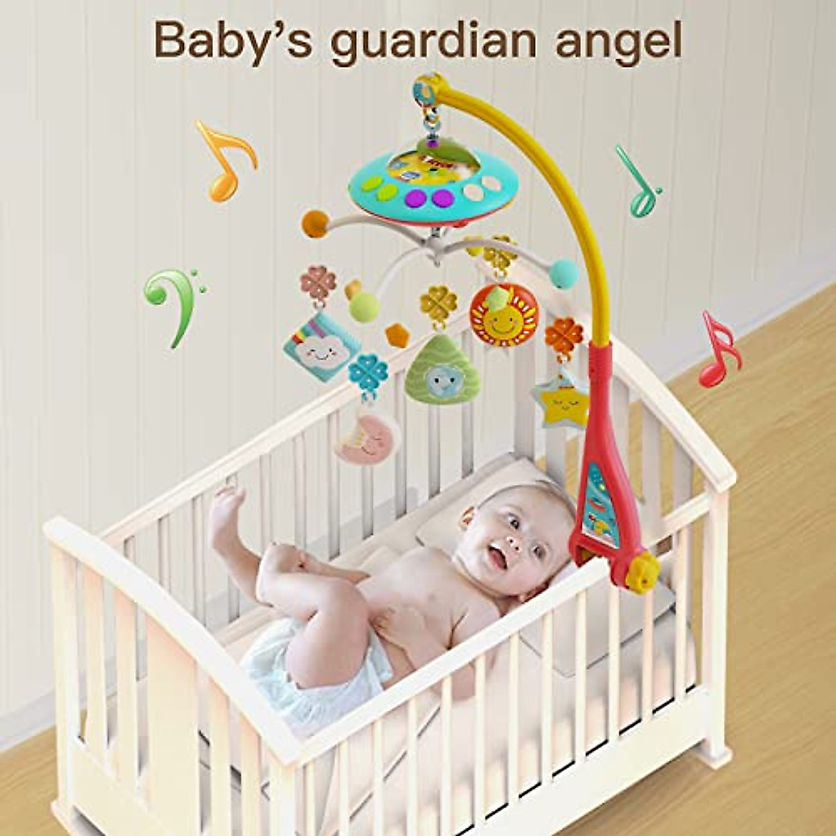 Eners Baby Crib Mobile with Music and Lights, Mobile for Crib with Remote Control, Rotation, Moon and Star Projection, Baby Crib Toys for Boys Girls (Yellow)