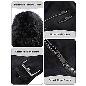 Bellivera Women's Faux Suede Leather Jacket Moto Fleece-Lined Coat with Detachable Fur Collar 8830 Black XXL