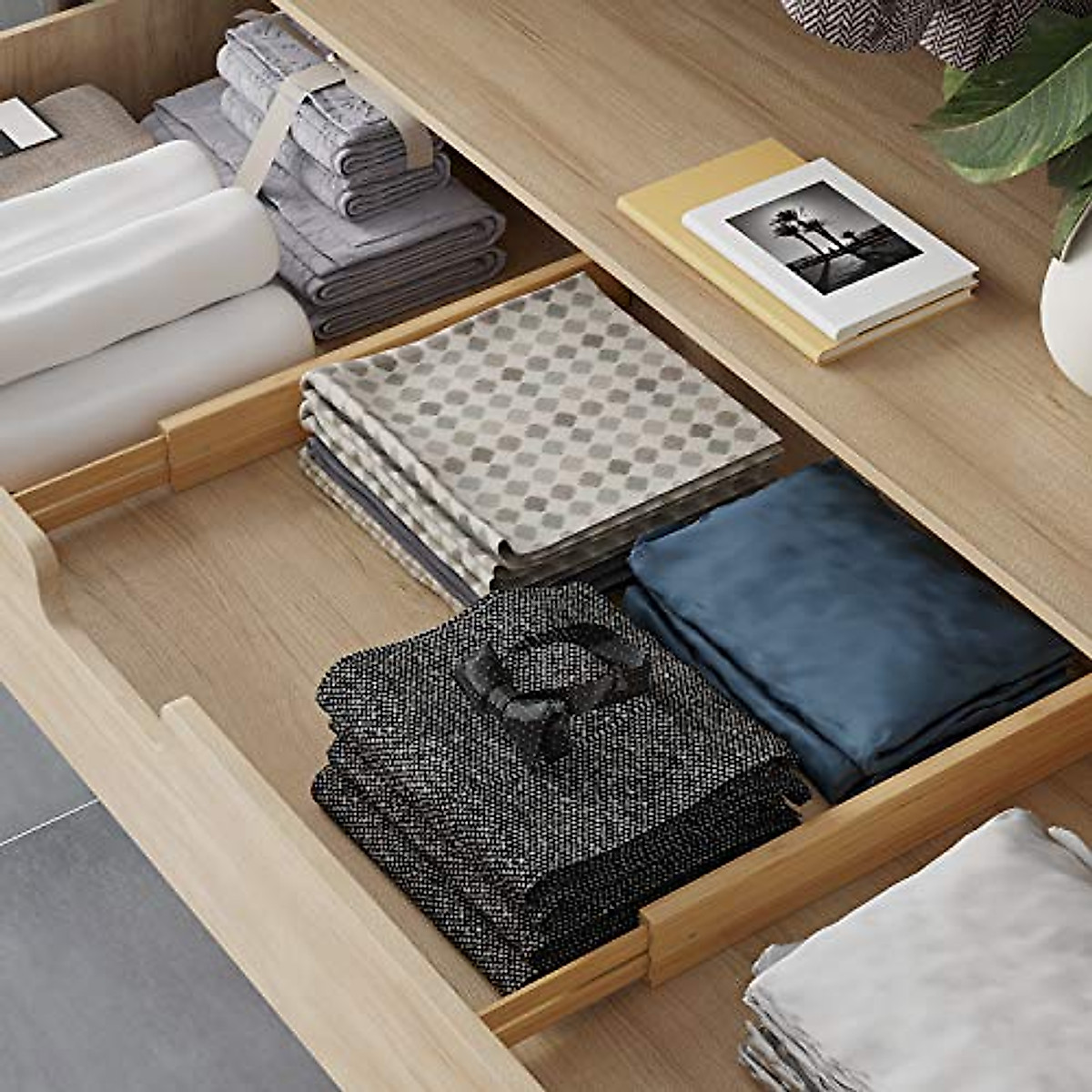 BAMEOS Drawer Dividers Bamboo Separators Organization Expandable Organizers for Kitchen Bedroom Bathroom Dresser Office 4-pack