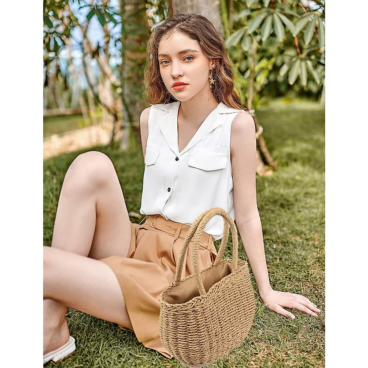 Foride Summer Evening Handbag, Straw Handmade Weave Handbag (Camel)