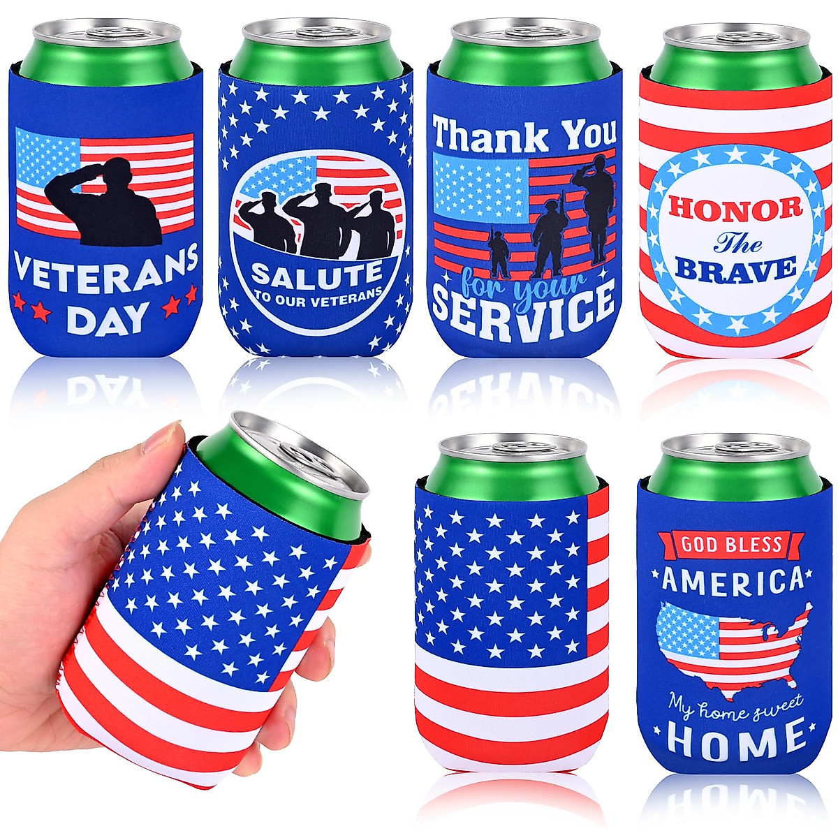 Veterans Day Gifts for Men 24 Pcs American Flag Bottle Cooler Sleeves Gifts for Veterans Collapsible Insulation Cover for Veterans Day Patriotic Home Office Table Party Decorations, 12 oz