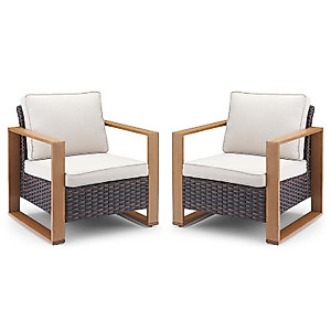 Belord Patio Wicker Chairs Set of 2-350 LBS Weight Capacity Wicker Outdoor Club Chair Set with Metal Wide Armrests for Porch Deck Sunroom Backyard