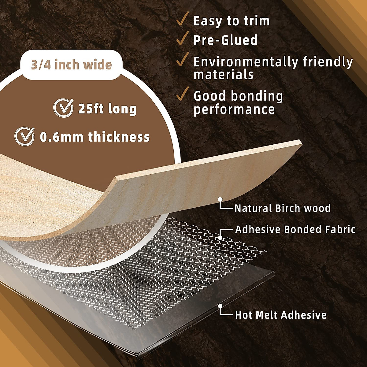 GSCIT Club Birch Edge Banding, 3/4 inch x 25ft roll of Veneer Wood Edge Banding Pre-glued Flexible, Real Wood Tape for Cabinet Repair & Furniture Restoration