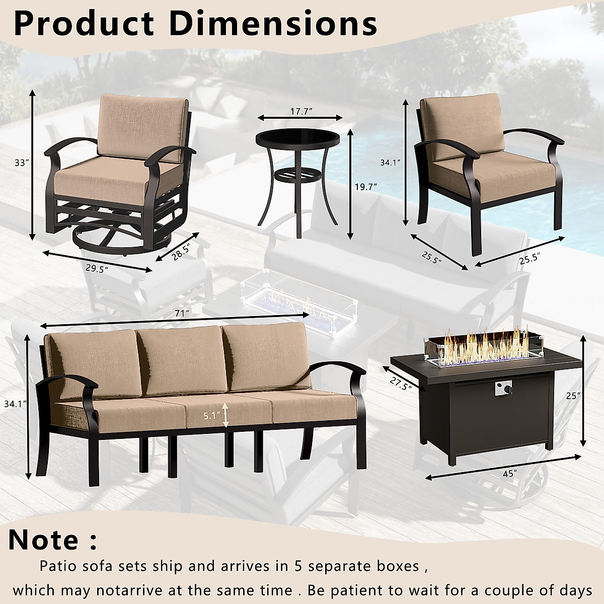 ASJMR Patio Furniture Set 7-piece aluminum armrest sofa, modern outdoor living room set with 55000 BTU propane aluminum fireplace, outdoor rotary joystick with thick cushion - （Brown）