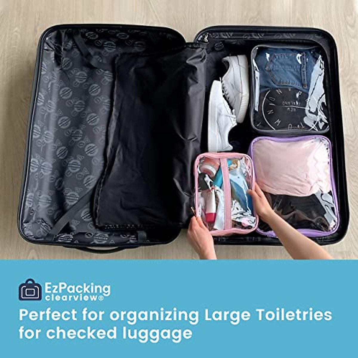 Large Cosmetic Bag for Women / Clear, See-Through Makeup, Hair & Nail Accessories Pouch for Travel or Home / Transparent PVC Plastic Organizer, Spacious Interior, Handle & Double Zippers (Silver)